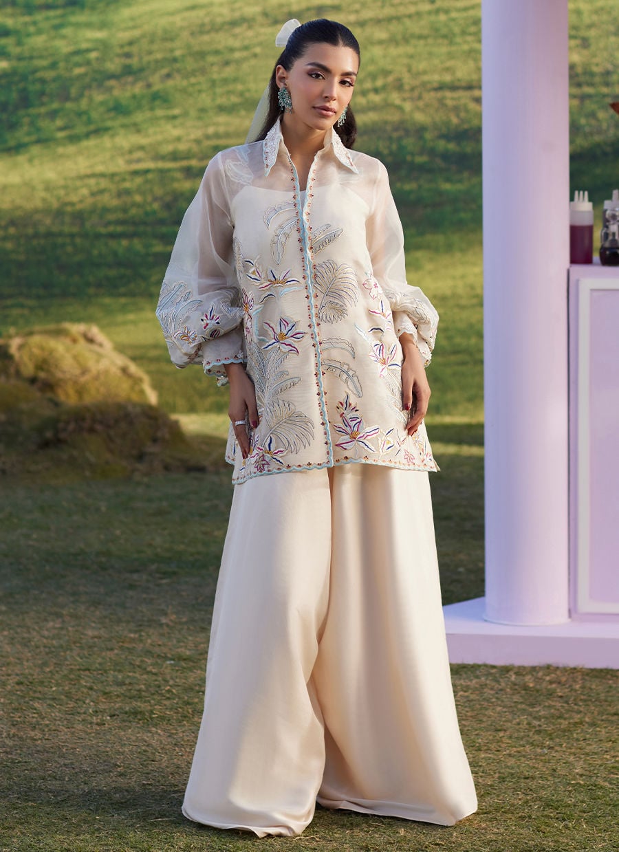 Off White Embellished Organza Short Open Jacket - Farah Talib Aziz ...