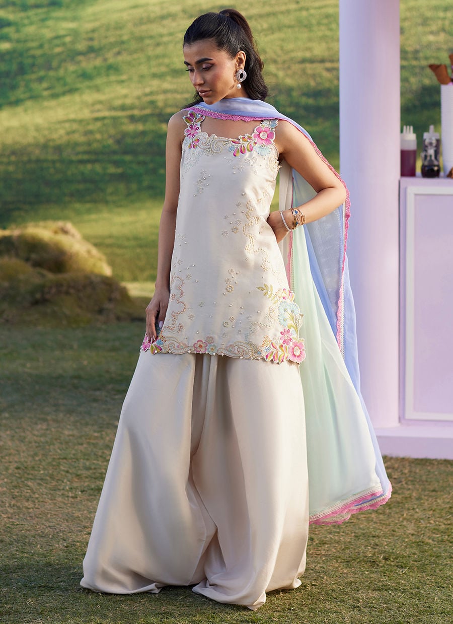 Off White Embroidered Raw Silk Short Shirt - Farah Talib Aziz | Luna ...