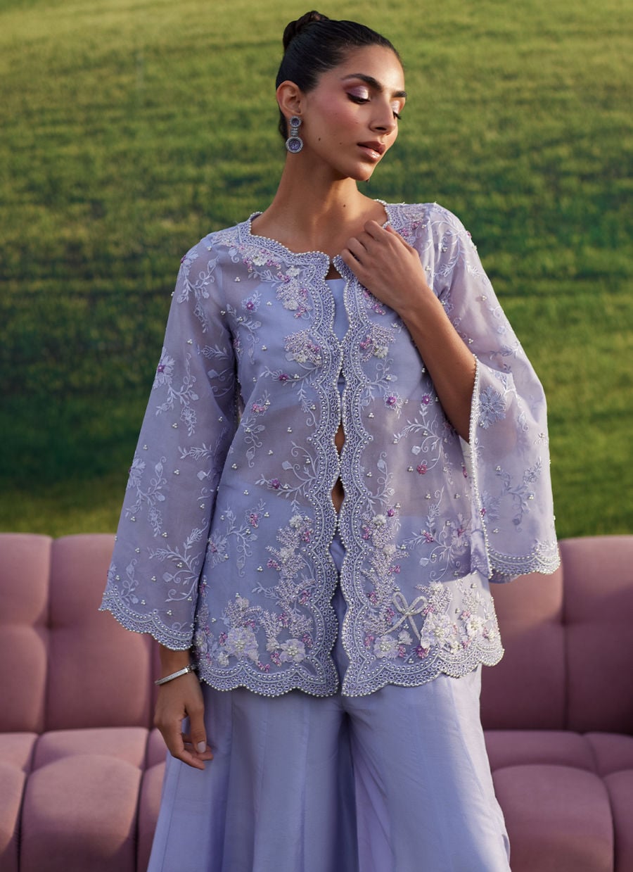 Lavender Organza Short Open Jacket - Maria Faisal