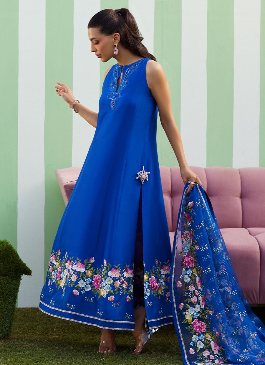 Electric Blue Raw Silk Long Shirt - Maria Faisal