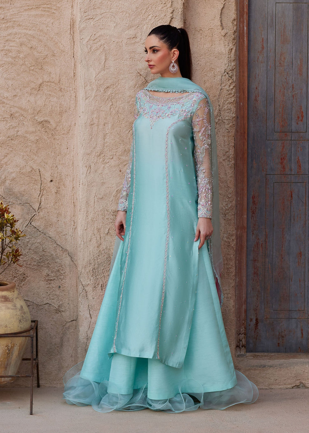 Light Blue Tissue Silk long shirt with Flared Sharara - Maria Faisal