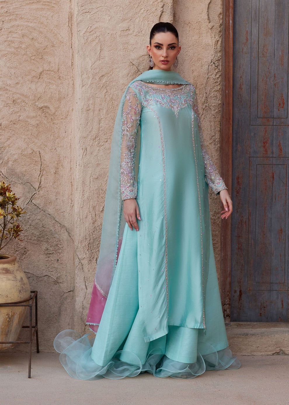 Light Blue Tissue Silk long shirt with Flared Sharara - Maria Faisal