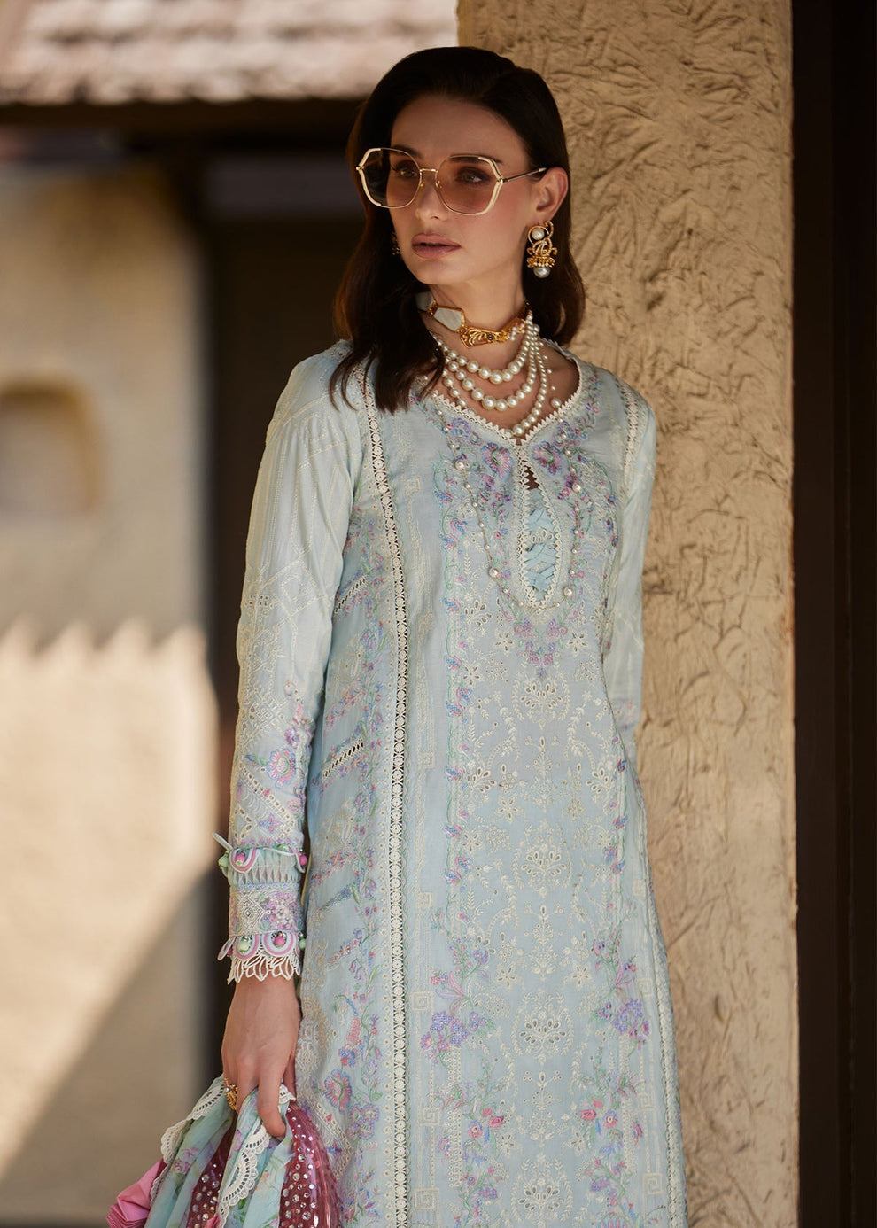 Ice Blue Lawn Long Shirt - Maria Faisal