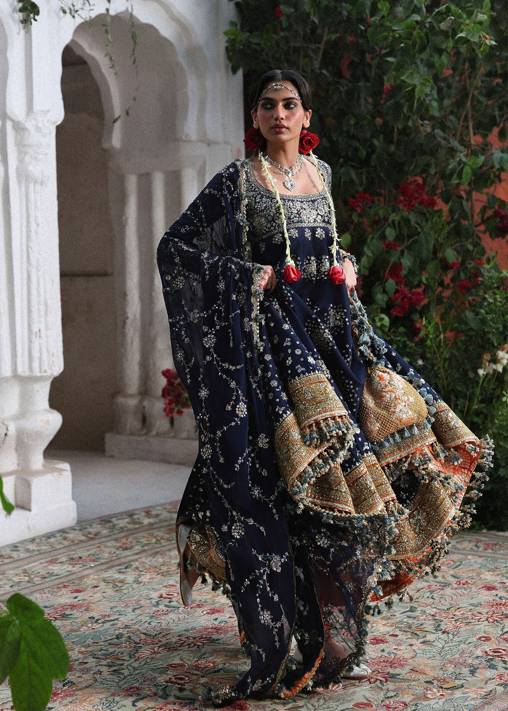 Navy Blue Korean Raw Silk Pishwas - Maria Faisal