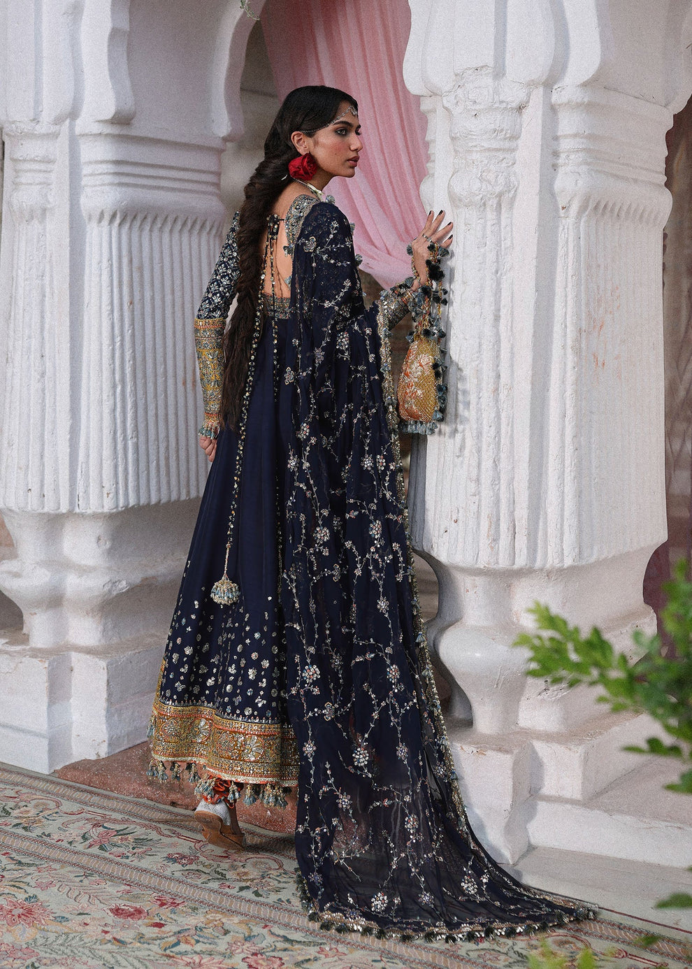 Navy Blue Korean Raw Silk Pishwas - Maria Faisal
