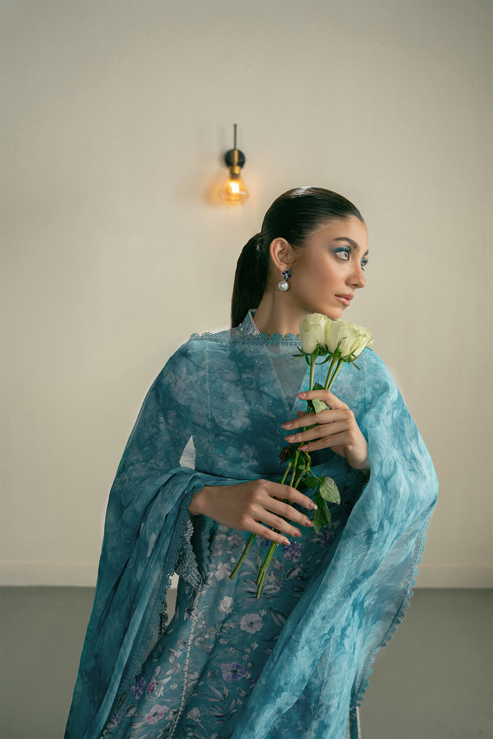 Light Blue Lawn Long Shirt with Plazo - Maria Faisal