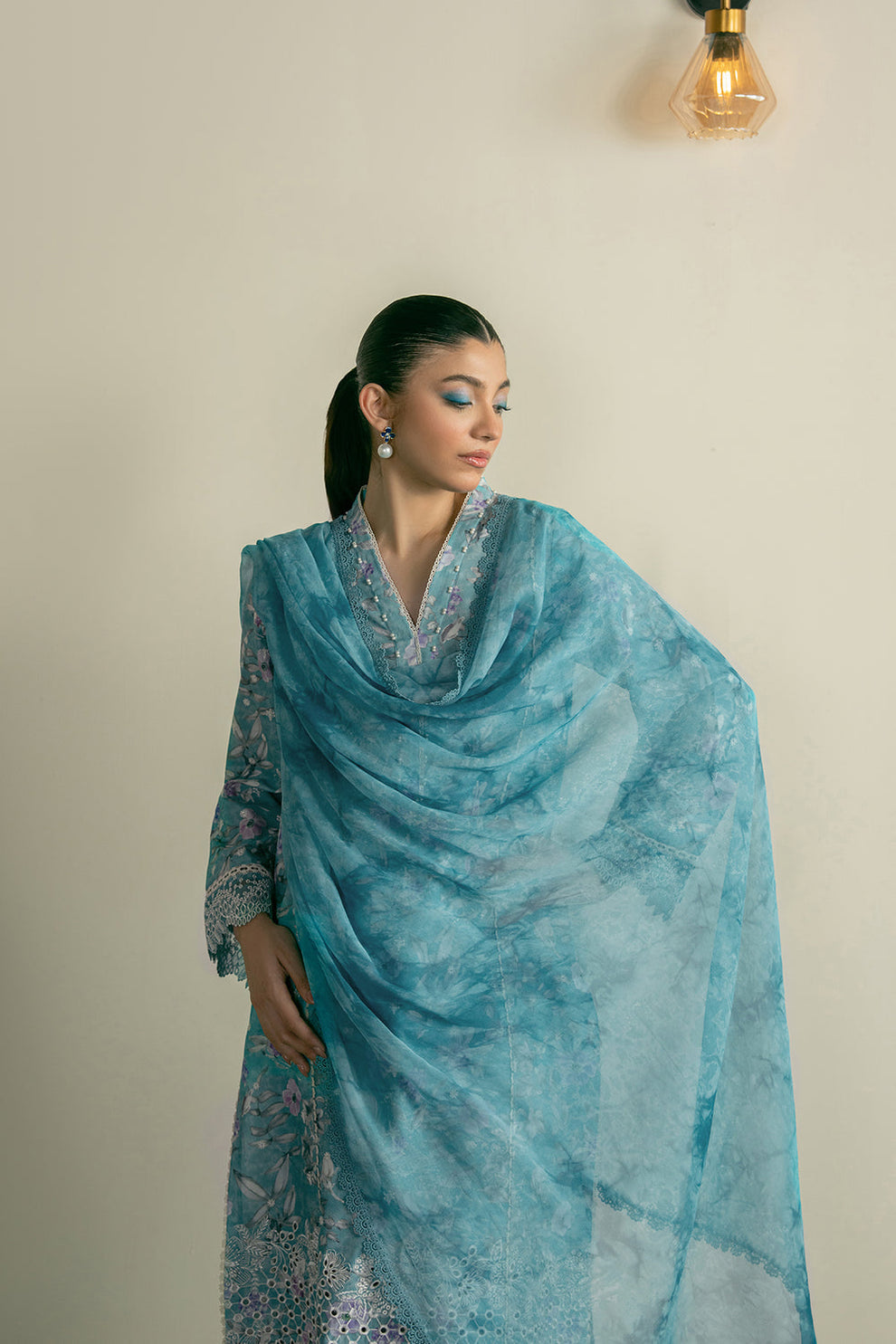 Light Blue Lawn Long Shirt with Plazo - Maria Faisal