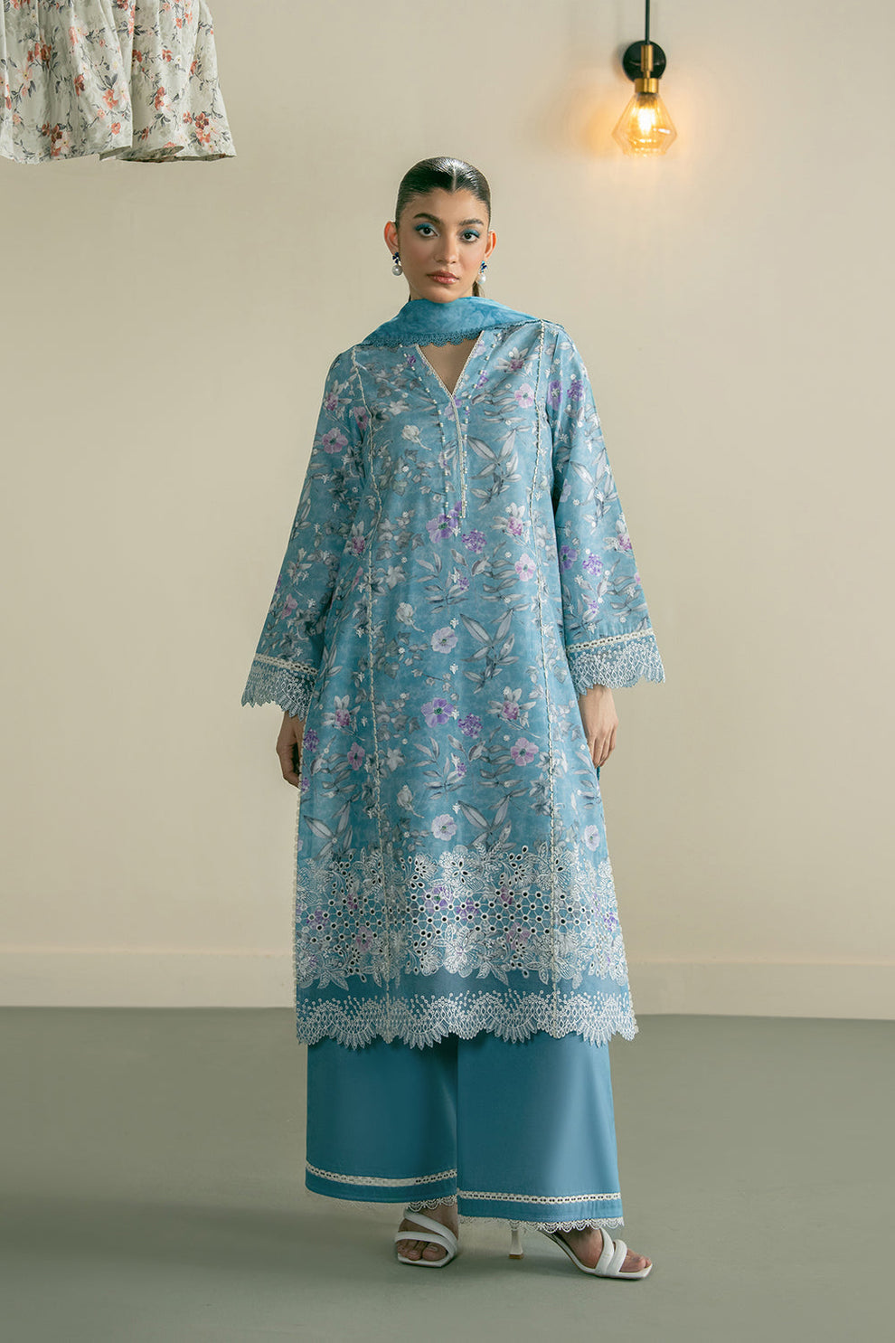 Light Blue Lawn Long Shirt with Plazo - Maria Faisal