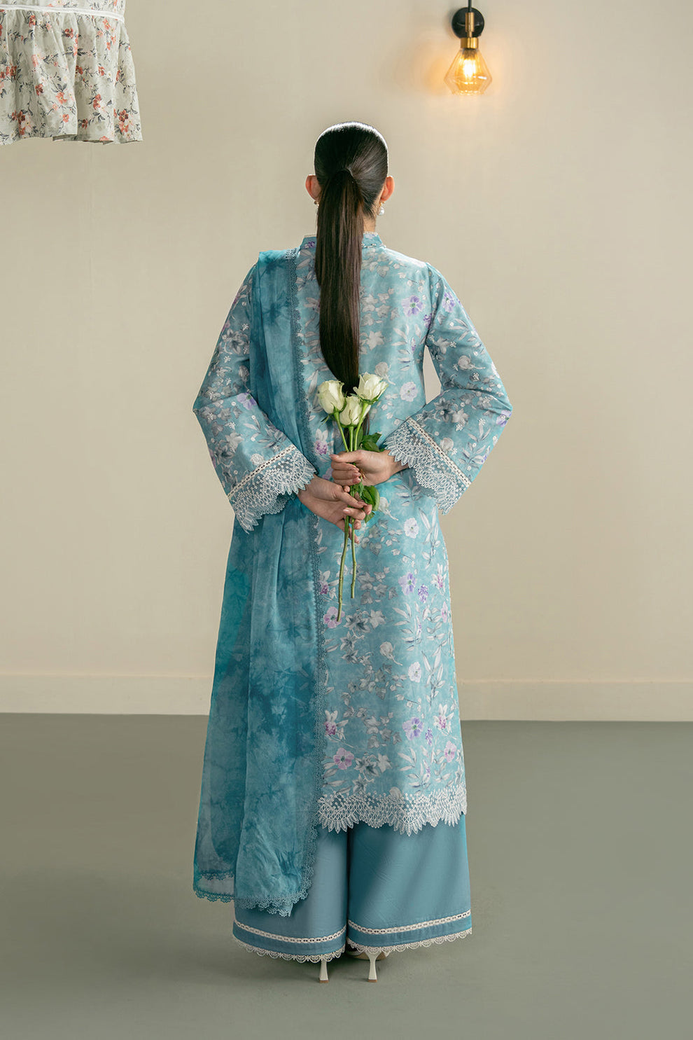 Light Blue Lawn Long Shirt with Plazo - Maria Faisal
