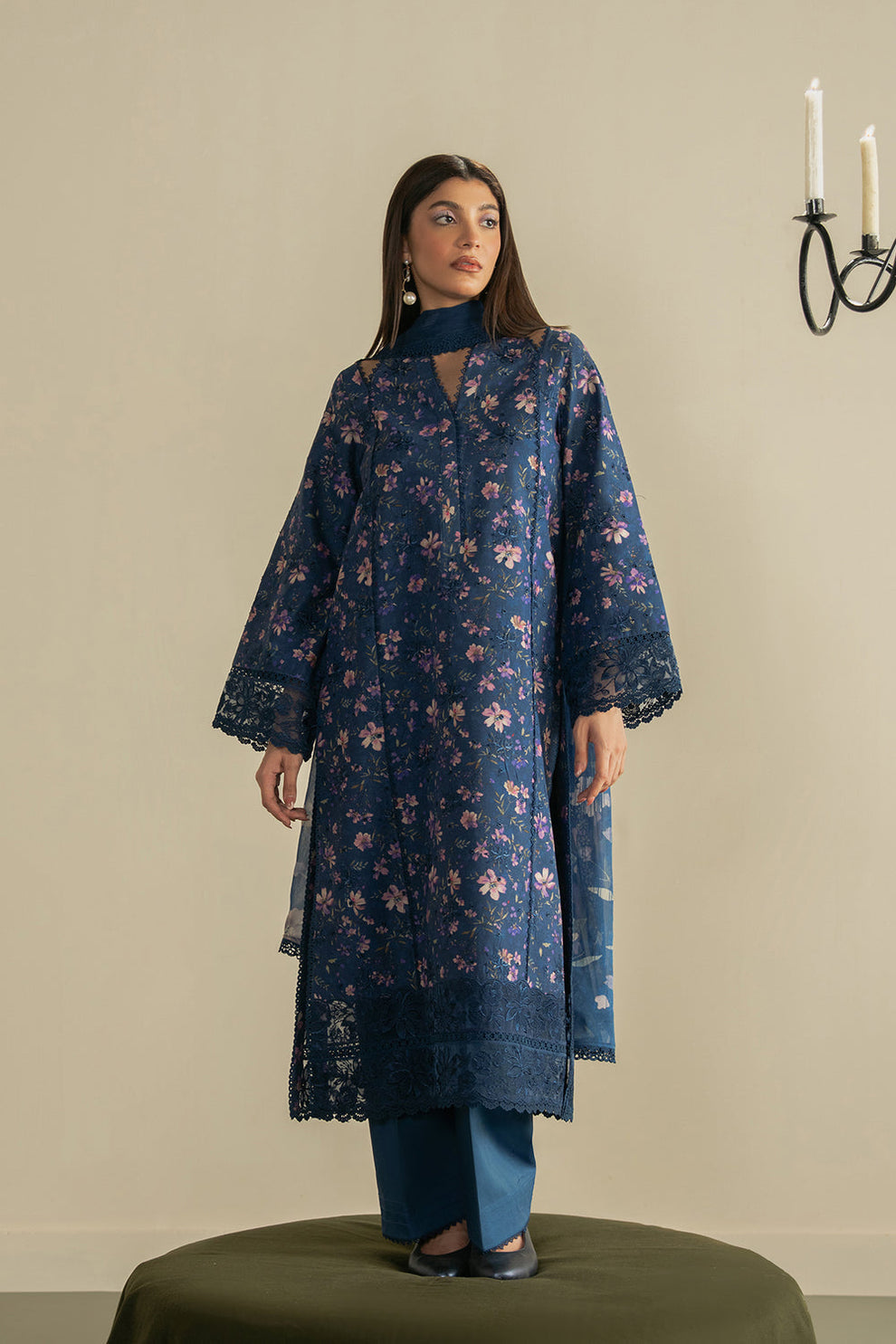 Navy Blue Lawn Long Shirt - Maria Faisal
