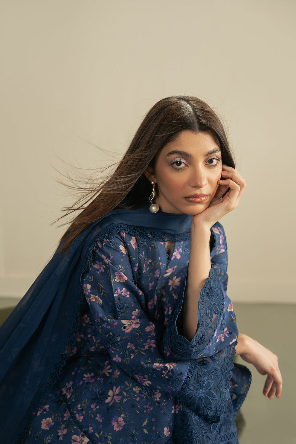 Navy Blue Lawn Long Shirt - Maria Faisal